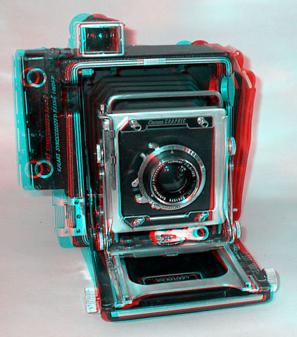 Stereo photos of classic press, view, and large-format SLR cameras