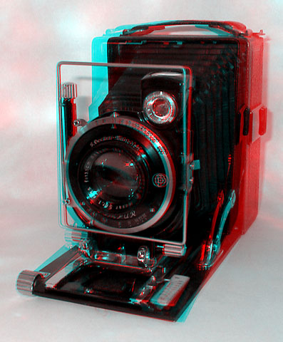 Stereo photos of classic press, view, and large-format SLR cameras